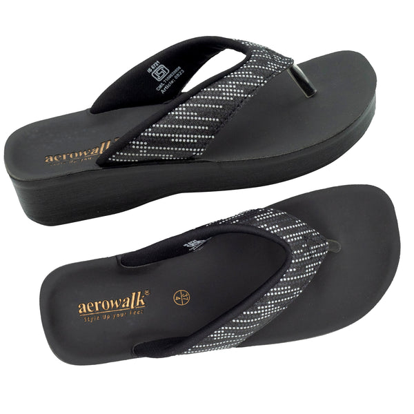 Aerowalk Women Black V-Shape Sandal with Polka Dotted Upper (0823_BLAC ...