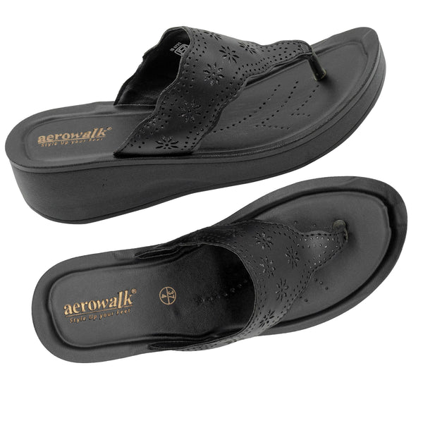 Aerowalk Women Black V-Shape Sandal with Laser Cut Upper (AT40_BLACK ...