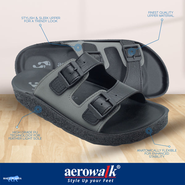 Aerowalk Men Black and Grey Mule Shape Slipper with Double Buckle Styl ...