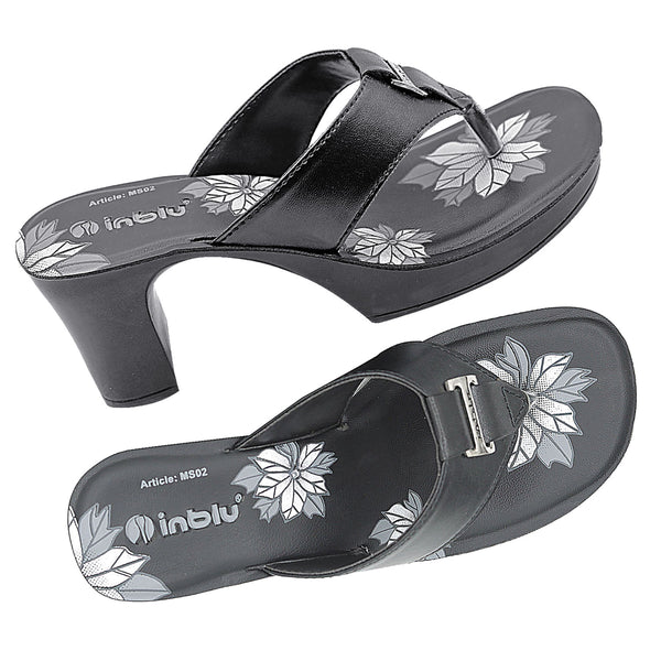 Inblu Women Black Floral Printed V-Shape Block Heel Sandal with Buckle ...